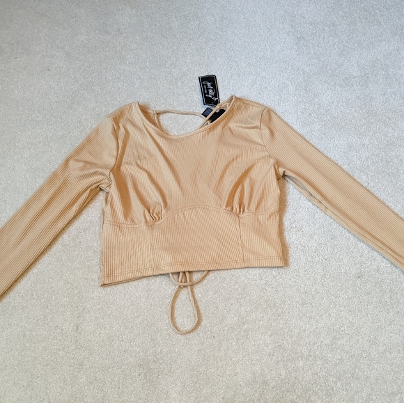 just polly | Tops | Just Polly New York Tan Crop Top Tie Up Open Back ...